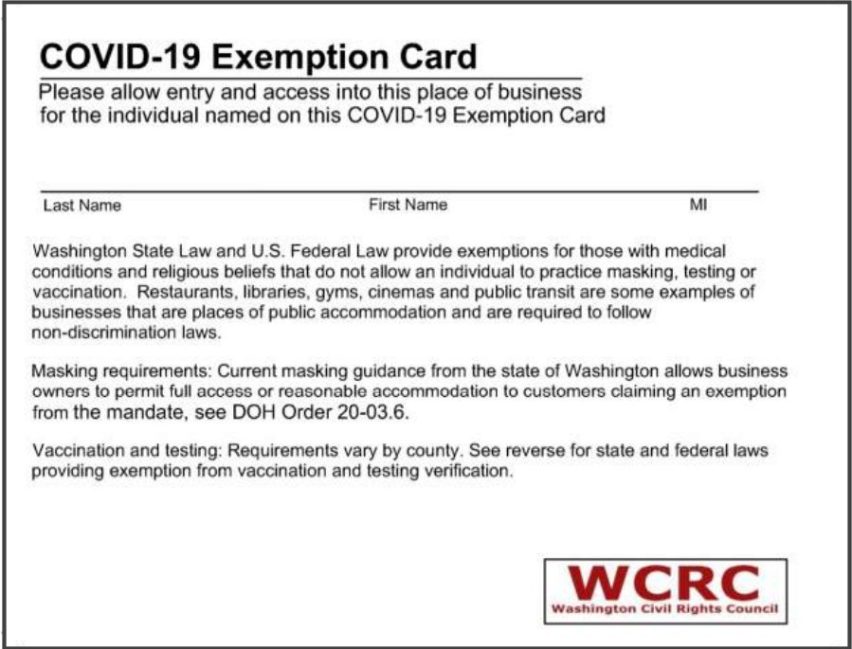 Learn about the COVID-19 Exemption Card - Washington Civil Rights Council